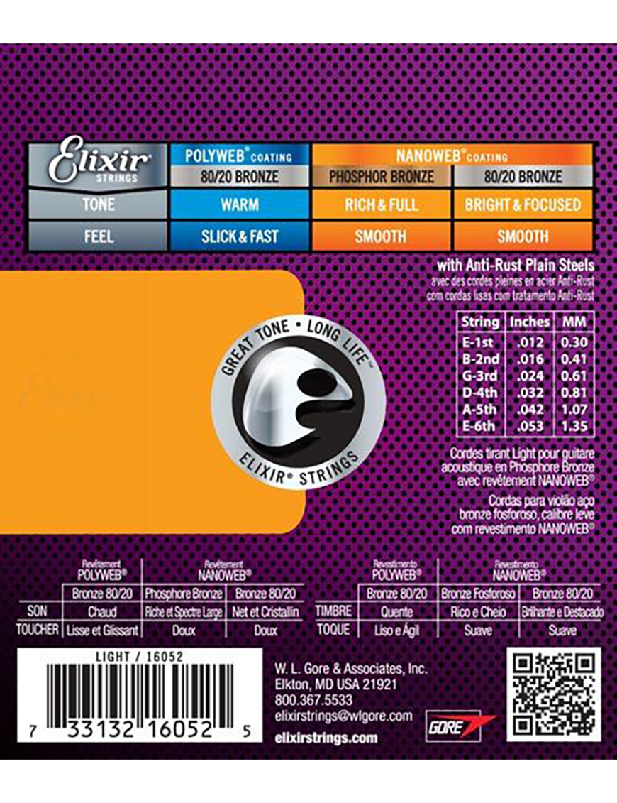 Elixir® Cuerdas Guitarra Acústica 16052 12-53 Light Phosphor Bronze